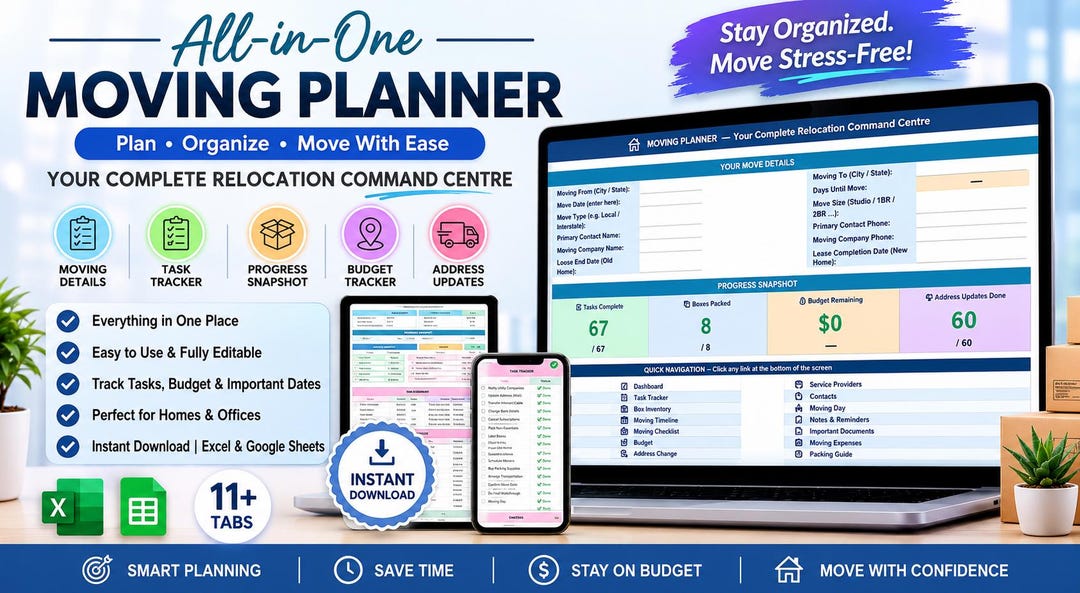Moving Planner Pro Excel Spreadsheet, Relocation Checklist, Packing ...