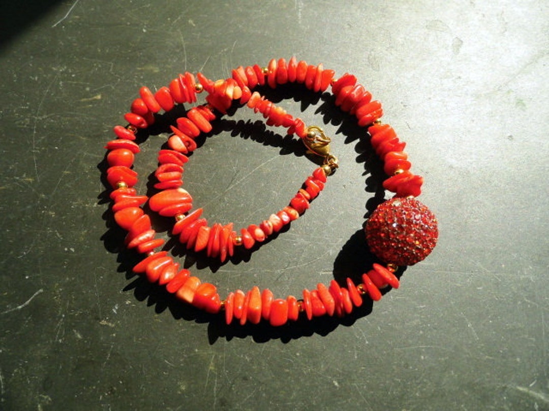 Necklace, Coral, Splinter, Ball, Ceramic, Glitter Stones, Brass ...