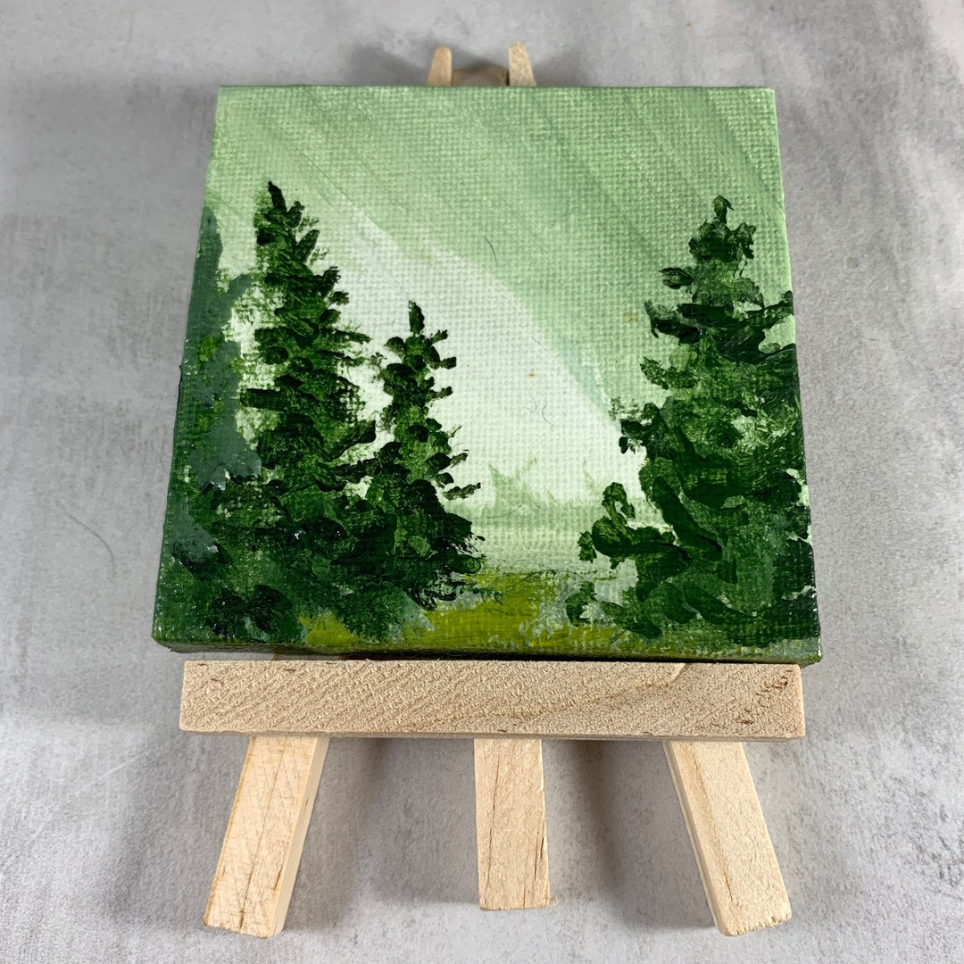 Mini Canvas Painting With Easel | 3x3 Square | Pine Trees ...