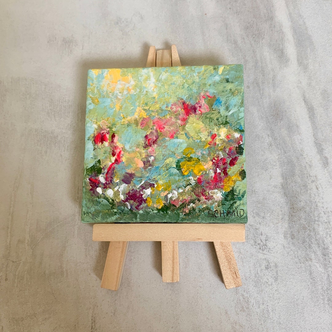 Mini Painting With Easel 3x3 Canvas Mini Abstract Painting Tabletop Art ...