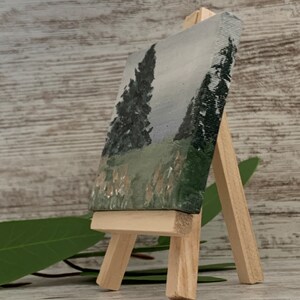 Miniature Pine Tree Landscape Painting: 3x3" Tabletop Art With Easel - Etsy