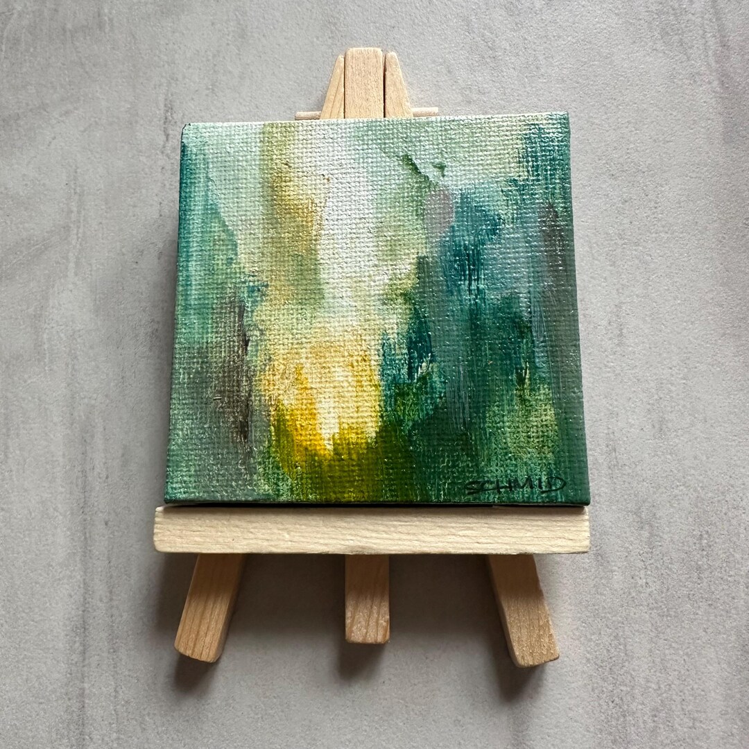 Miniature Abstract Painting: 3x3 Canvas Art With Easel, Green - Etsy