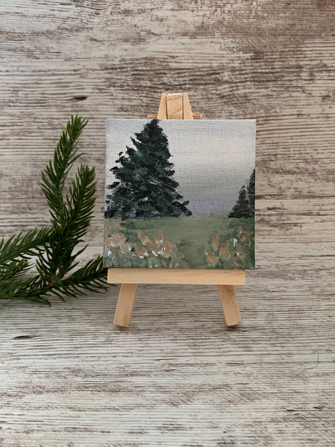 Miniature Pine Tree Landscape Painting: 3x3" Tabletop Art With Easel - Etsy
