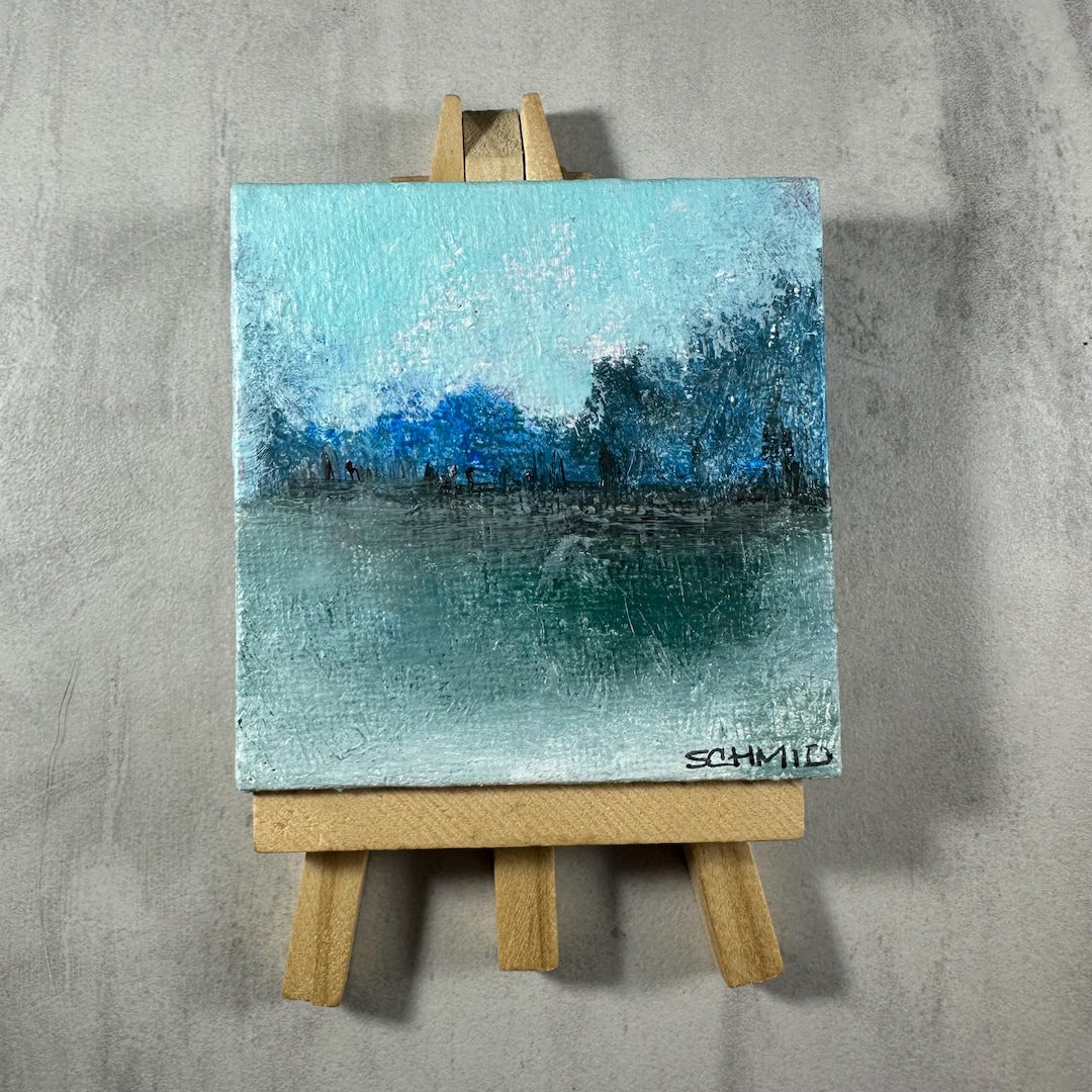 Miniature Abstract Landscape Painting: 3x3" Canvas Art, Blue Painting ...