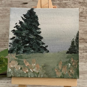 Miniature Pine Tree Landscape Painting: 3x3" Tabletop Art With Easel - Etsy