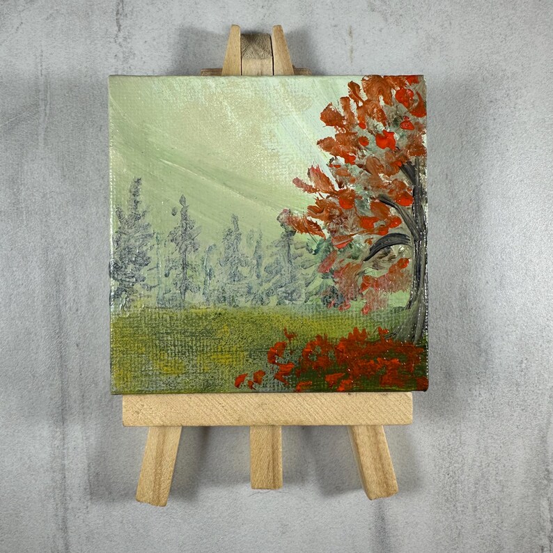 Miniature Autumn Landscape Painting: 3x3 Abstract Art With Easel ...