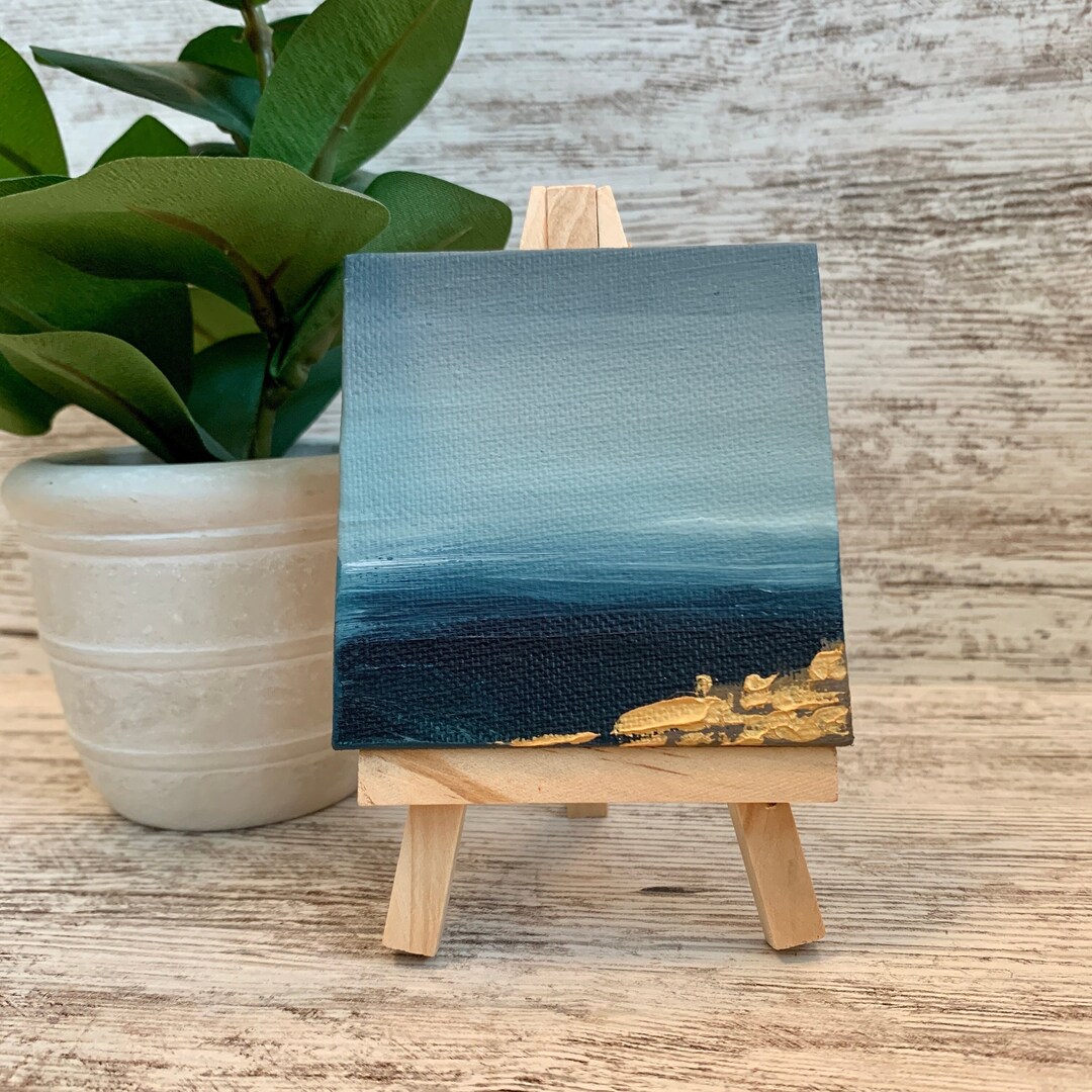 Mini Canvas Painting With Easel | 3x3 Mini Seascape Painting | Tabletop ...