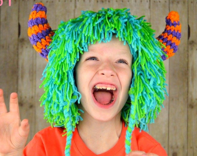 Monster Hat - Green and Blue Monster Hat With Horns - Unique Winter Hat ...