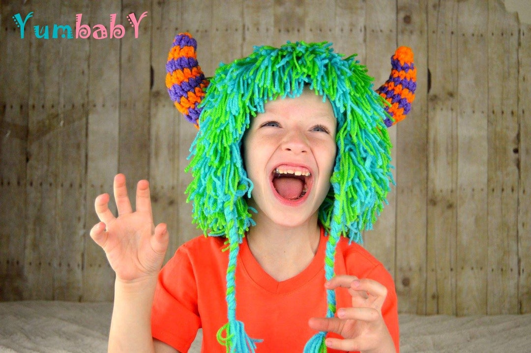 Monster Hat - Green and Blue Monster Hat With Horns - Unique Winter Hat ...