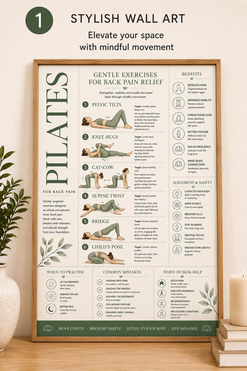 Pilates for Back Pain Relief Poster: Gentle Exercises for Lower Health ...