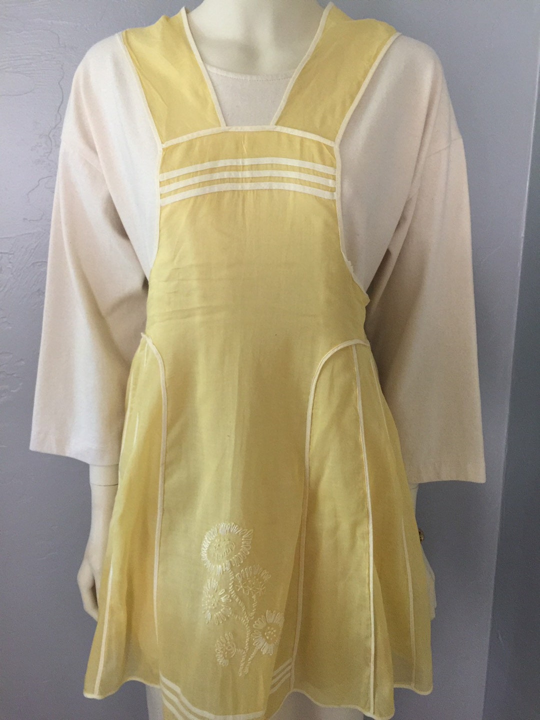 Vintage Yellow Long Bib Apron With Collar and Embroidered Flowers - Etsy