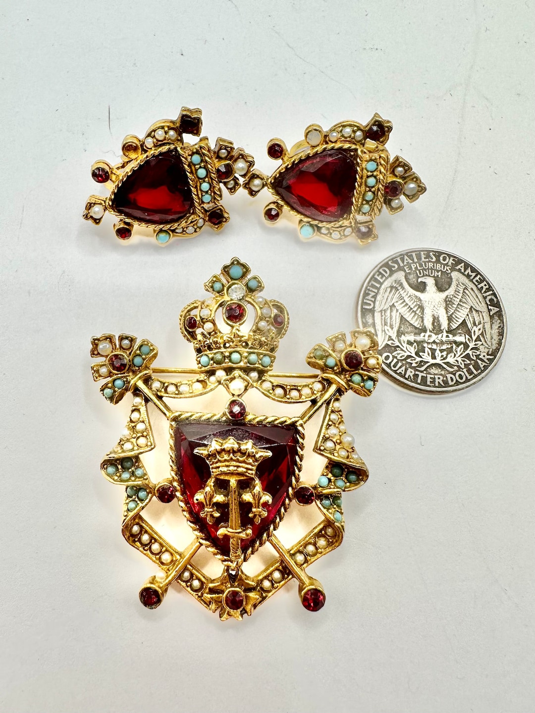 Heraldic Shield Pin & Earrings Demi Parure by MODE ART Arthur Pepper ...
