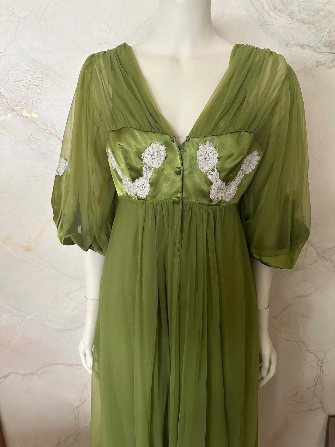Vintage Army Green Peignoir by Jenelle California, Sheer Lingerie Set ...