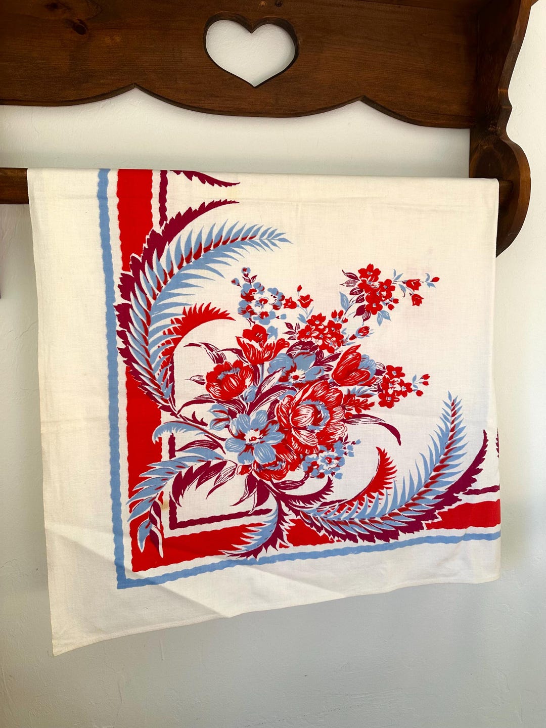 MCM Tablecloth Vintage 1940s Cottage Chic Red Purple Floral Border ...