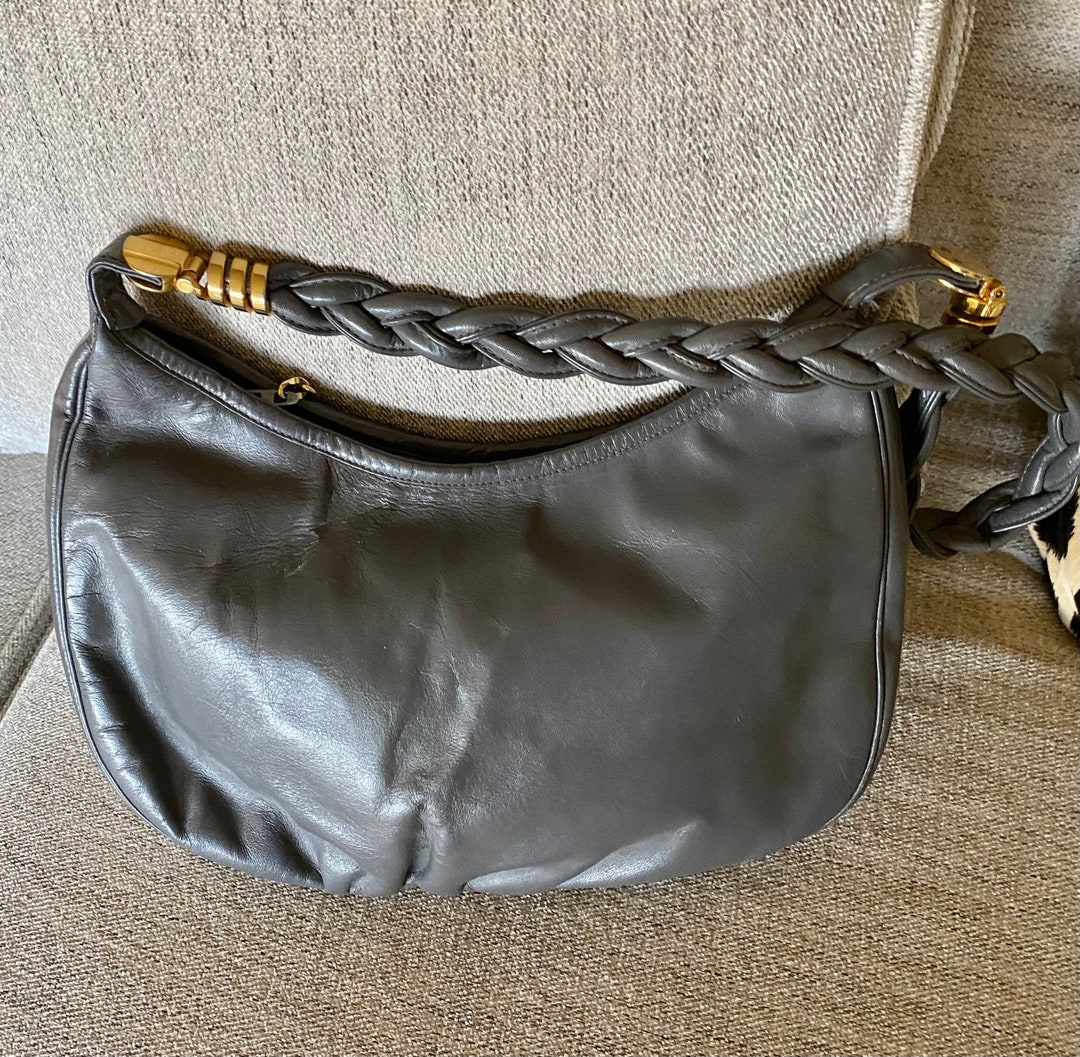 Vintage MORRIS MOSKOWITZ Gray Leather Shoulder Bag or Purse With Gold ...
