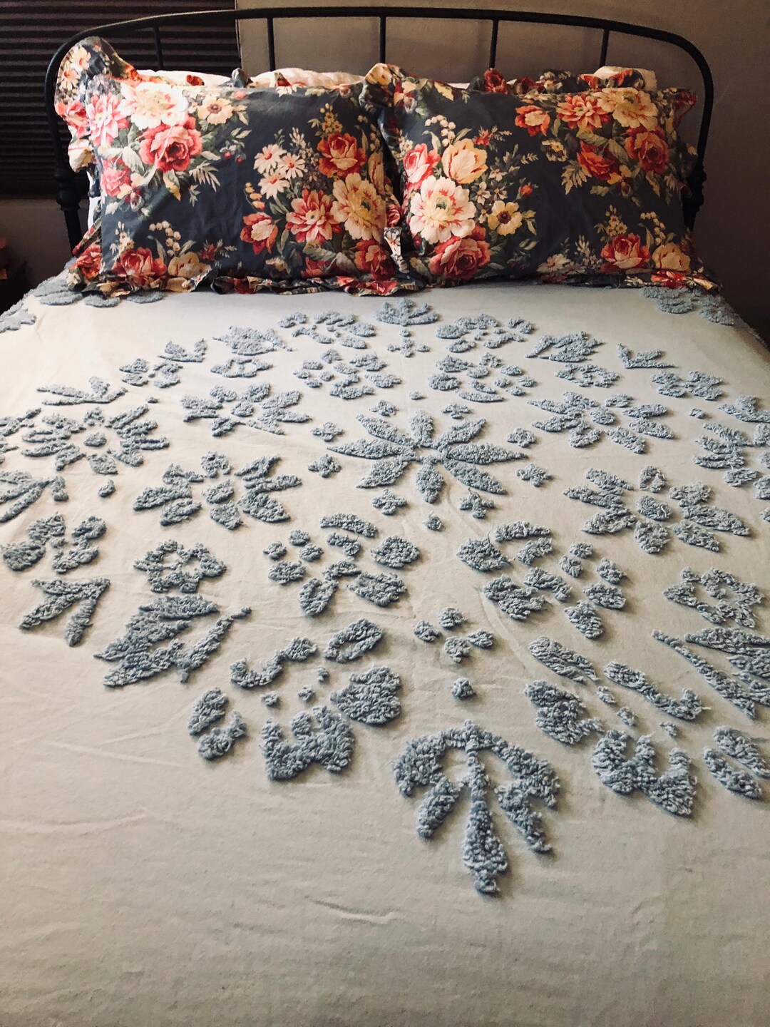 Chenille Bedspread Queen Size – Vintage Blue Cotton, Shabby Chic ...