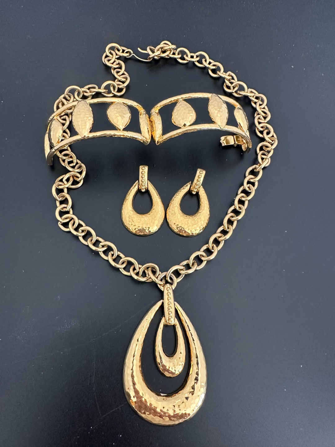 Vintage Monet 1980's Parure in Hammered Gold Metal, Bold Statement ...