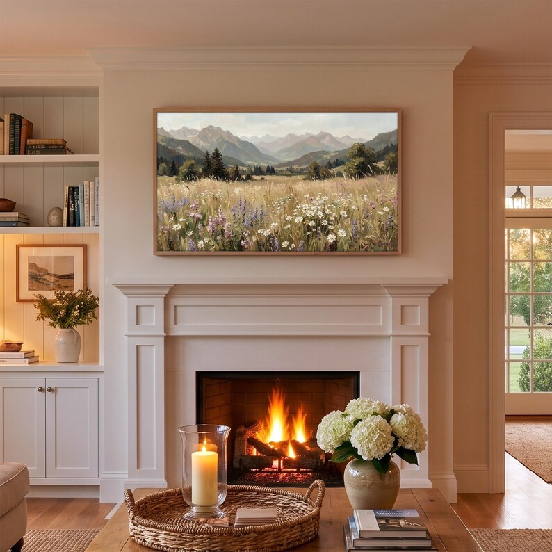 Wildflower Frame TV Art, Mountain Meadow Landscape Oil Painting, Summer ...