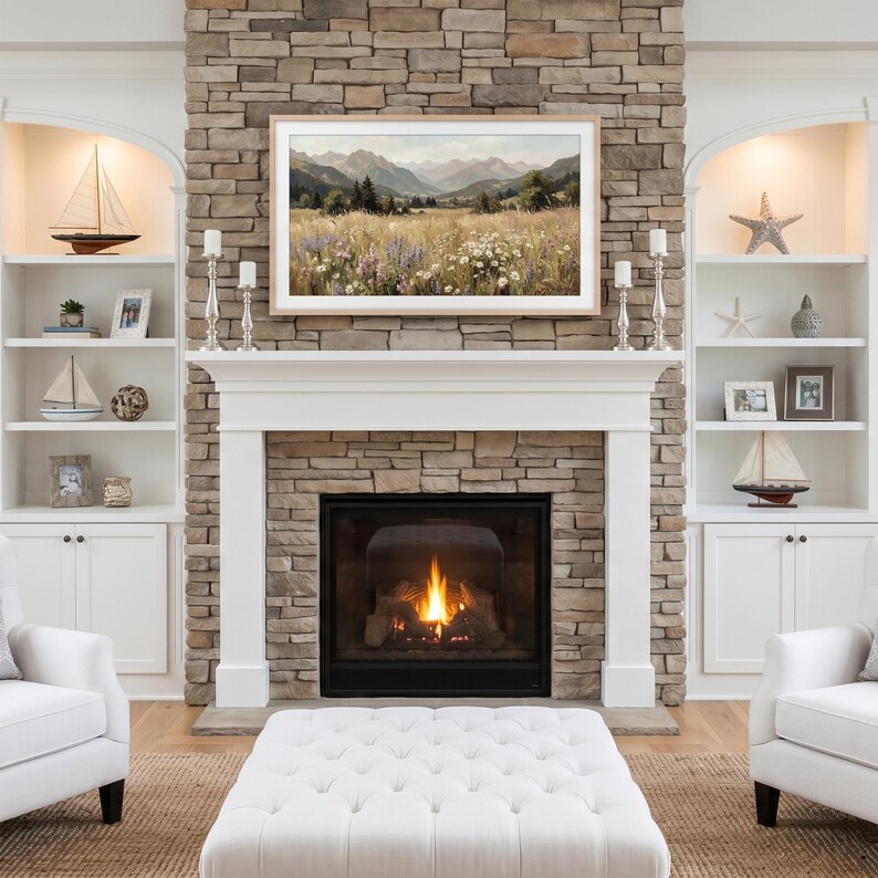 Wildflower Frame TV Art, Mountain Meadow Landscape Oil Painting, Summer ...