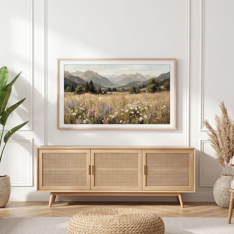 Wildflower Frame TV Art, Mountain Meadow Landscape Oil Painting, Summer ...