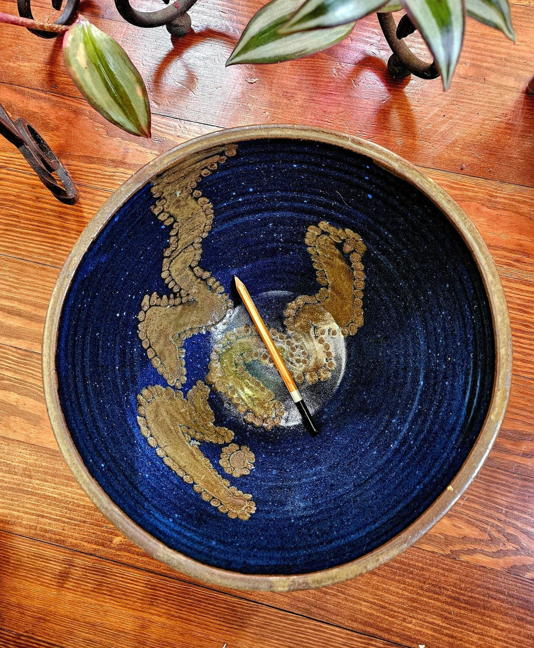 Mid Century, Studio Pottery, Navy Blue Bowl, Deep Red Brushwork Large ...