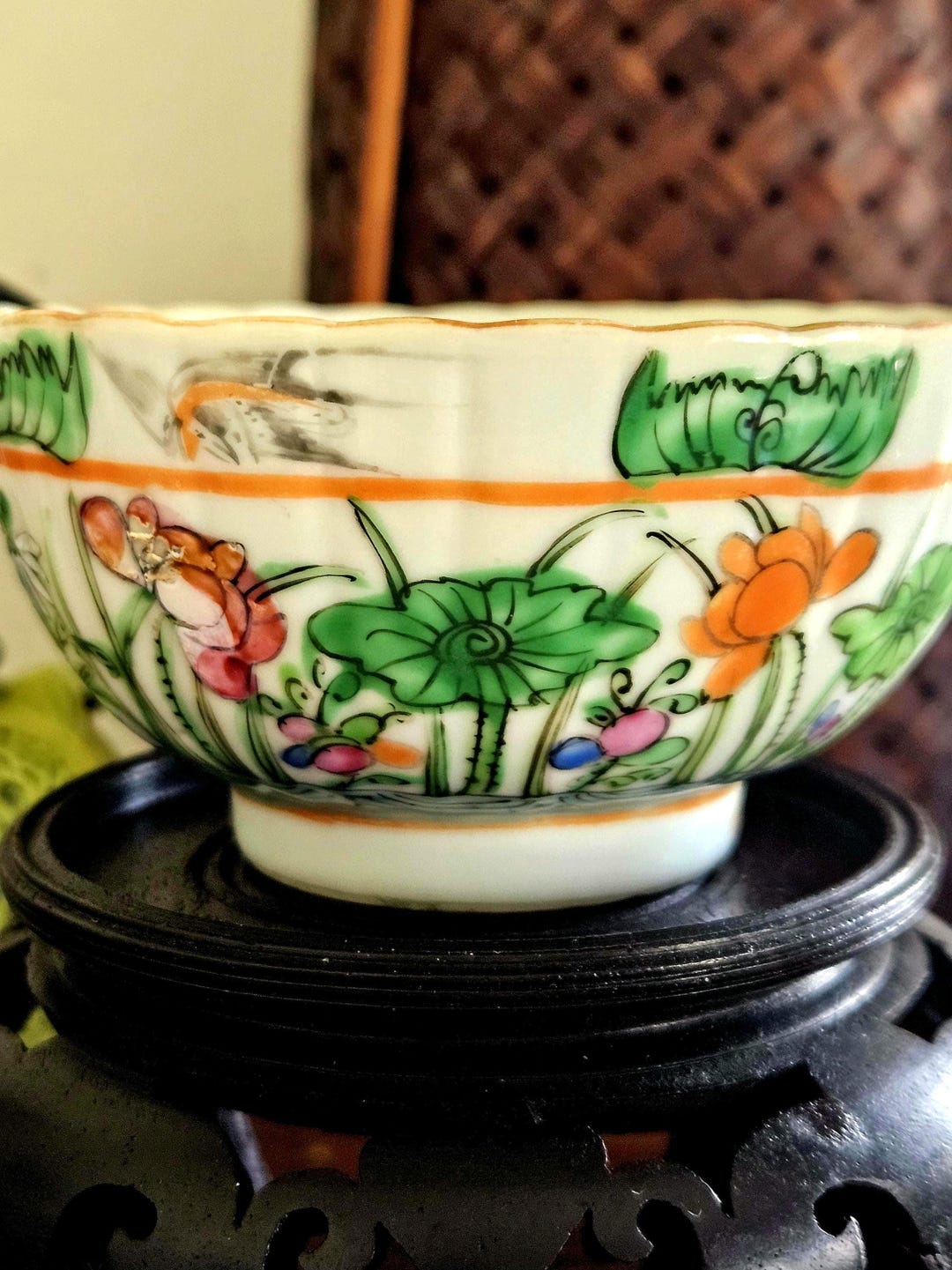 Antique Rose Canton Porcelain Rice Bowl With Holder, Thin Scalloped ...