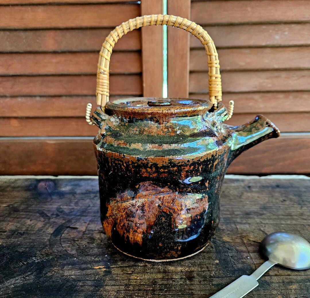 Small Rustic Teapot, Handmade 70s Stoneware, Serves Two, Tenmoku Glaze ...