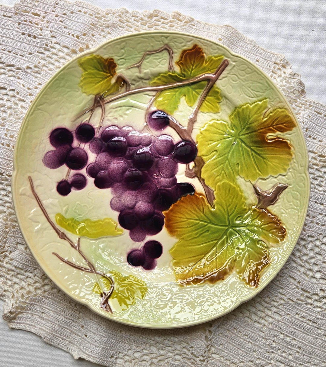 Antique French Majolica Fruit Plate, Grape Clusters and Leaves Over ...