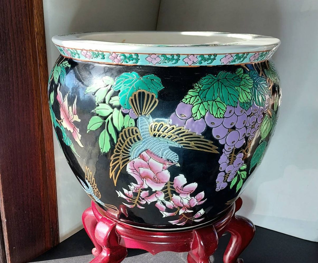 Gorgeous Chinese Porcelain Fish Bowl Planter, Vintage 70s, Hand-painted ...