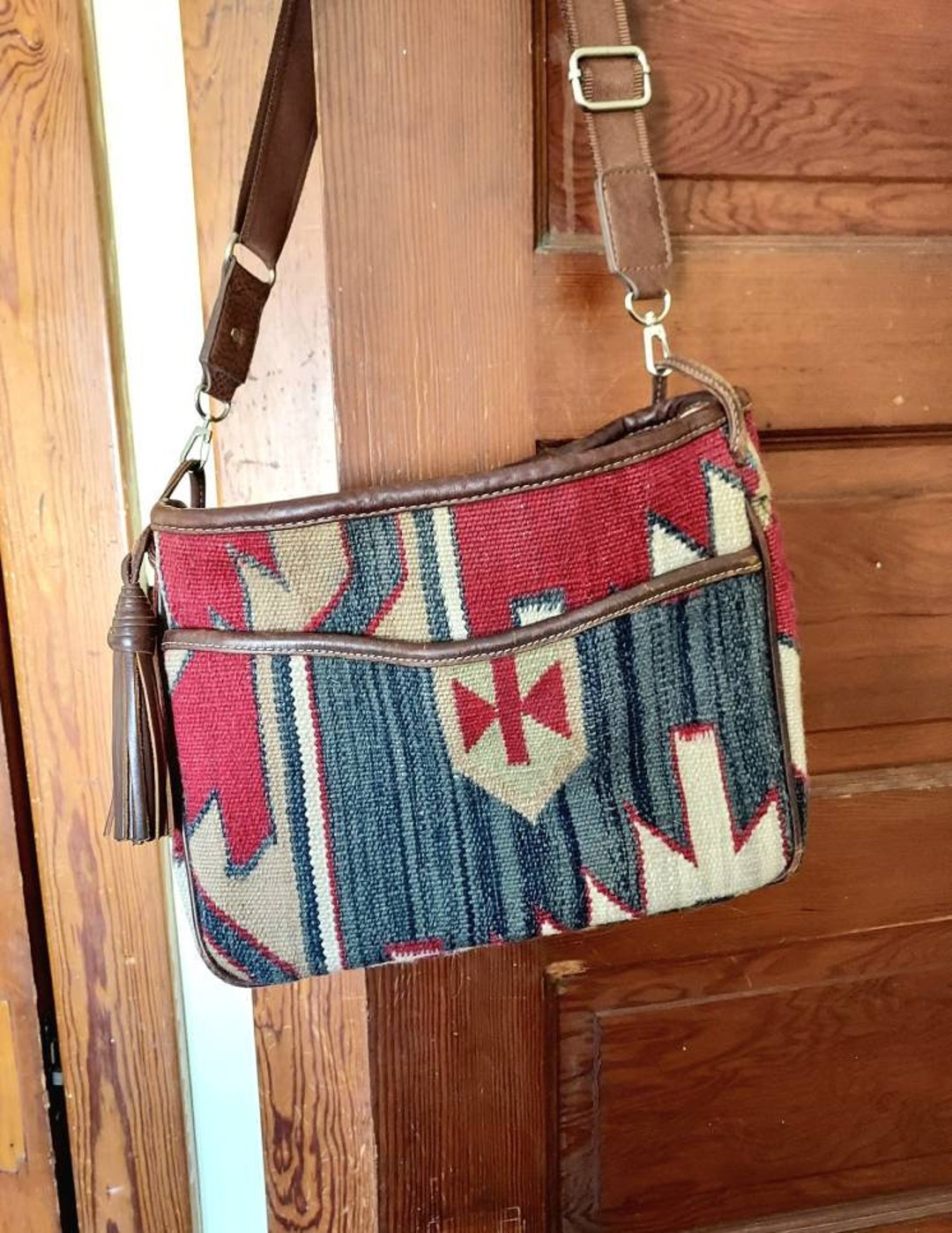 Vintage Native American Motif Purse, Pendelton Style Handbag, Leather ...