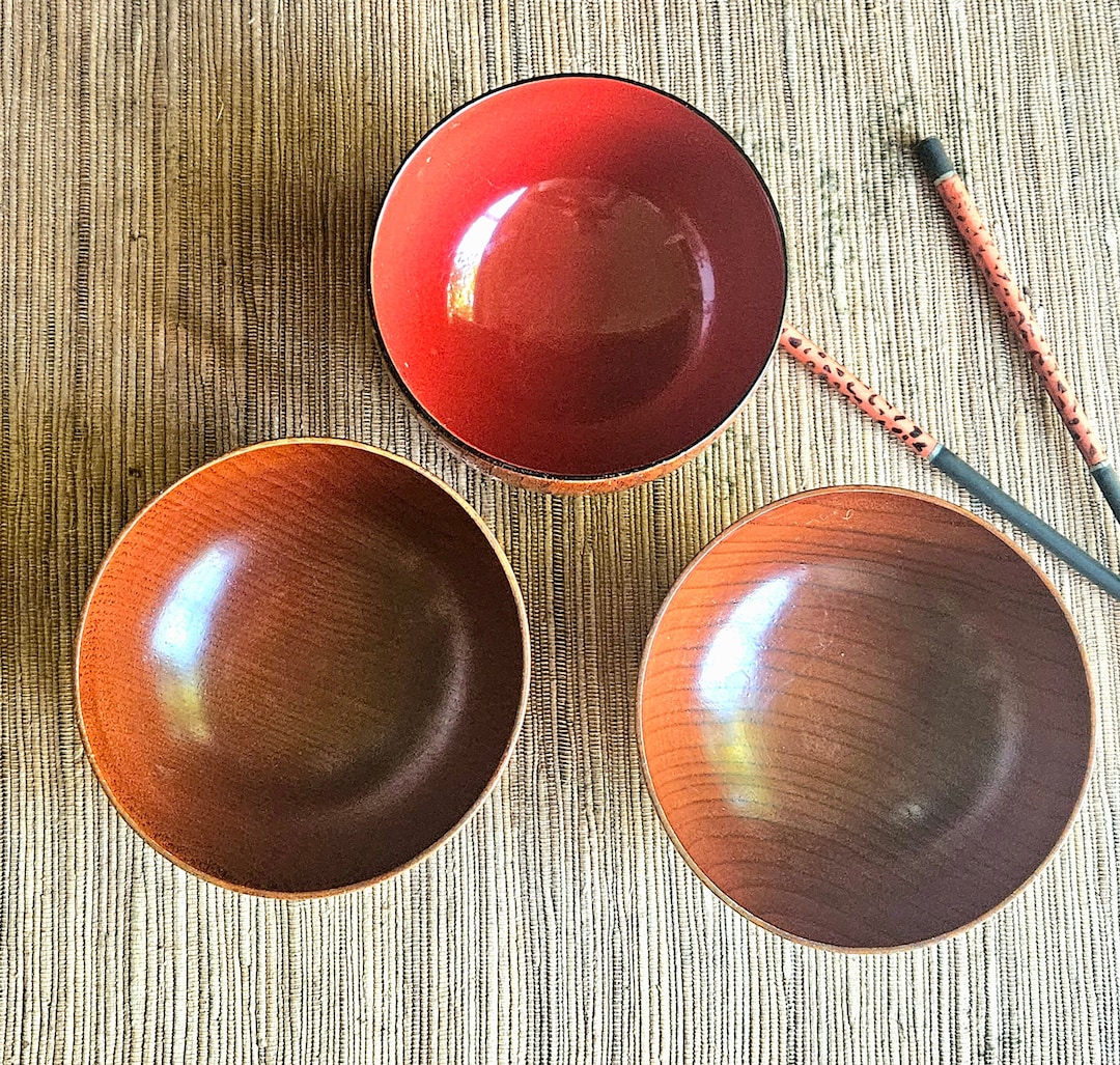 Set of Three Zen Japanese Elm Wood Bowls, One With Urushi Lacquer, for ...