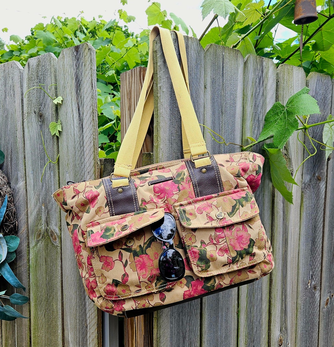 Vintage Tote Bag With Pink Roses, Leaves on Tan, Cottage Core, by ...