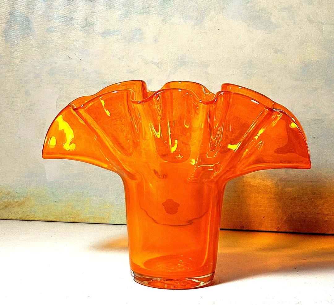 Mid Century Modern Fluted Glass Vase, Brilliant Orange, Ruffle Top ...