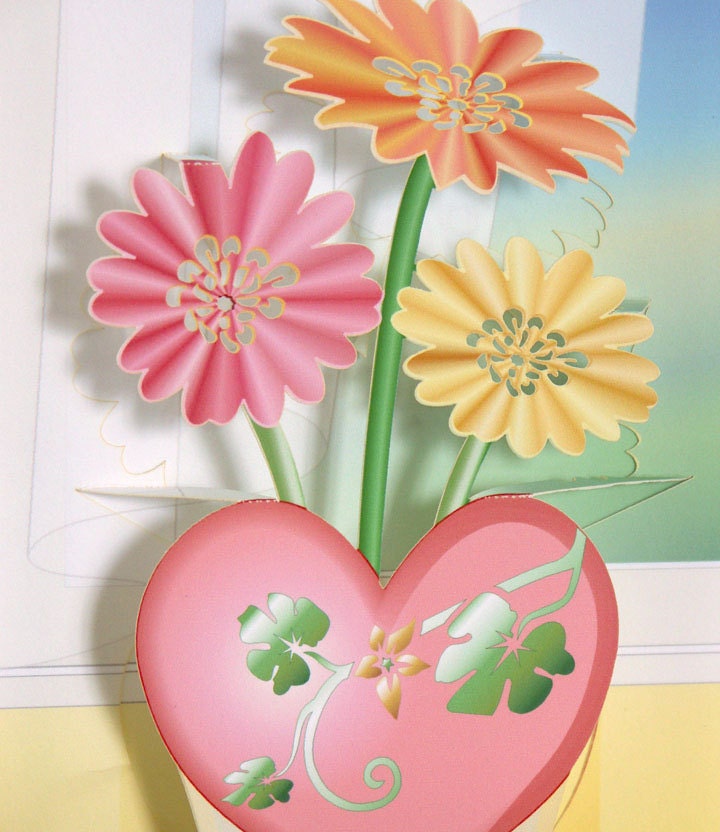 Popup Flowers Card in Heart Vase 3D Gerber Daisies Valentines - Etsy
