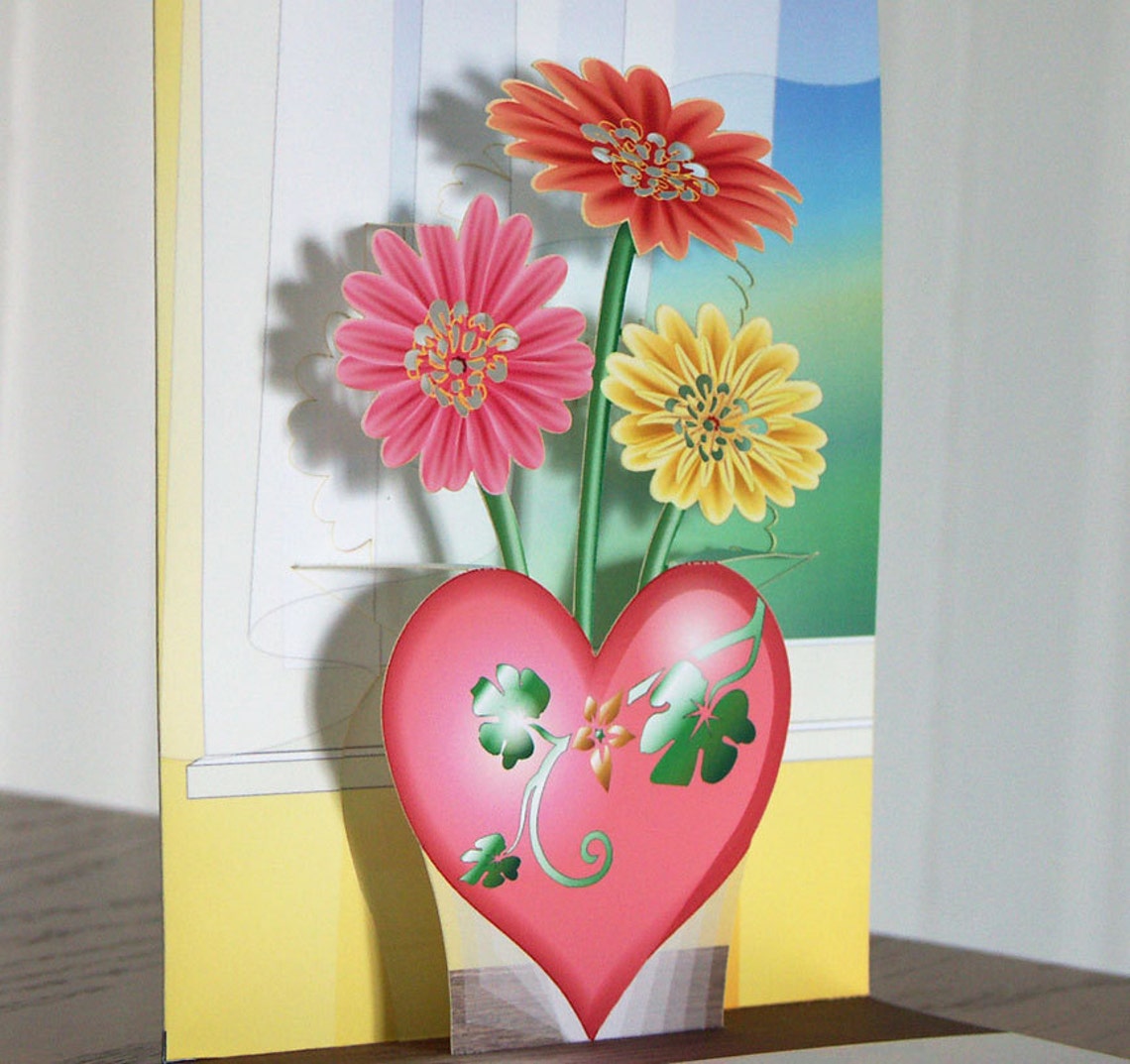 Mothers Day Card Popup Flowers Card in Heart Vase 3D Gerber Daisies - Etsy