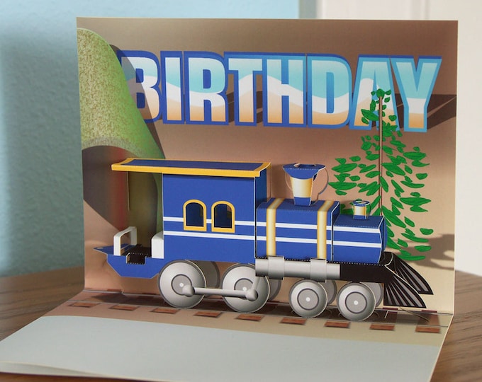 Train Birthday Pop up Card; Blue Train Engine Pop up Card - Etsy