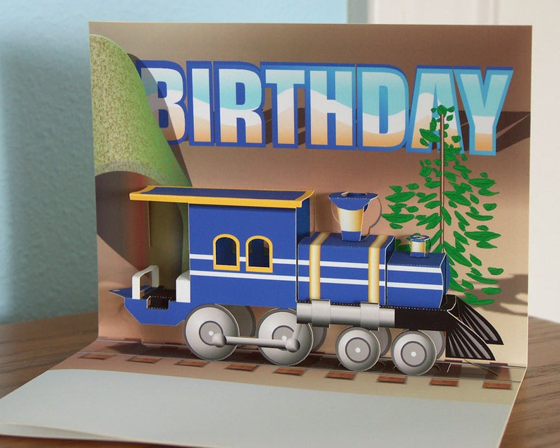 Train Birthday Pop up Card; Blue Train Engine Pop up Card - Etsy