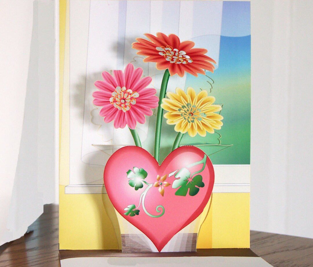 Mothers Day Card Popup Flowers Card in Heart Vase 3D Gerber Daisies - Etsy