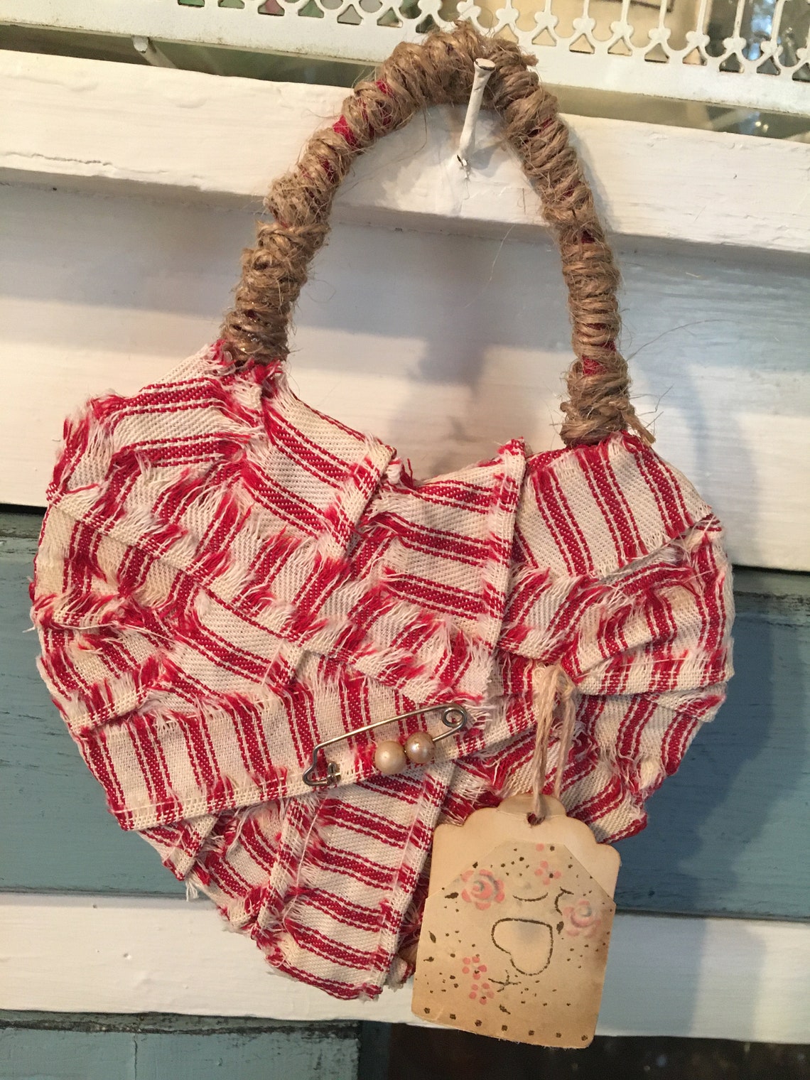 Red Ticking Wrapped Heart Decor/ Tattered Primitive Heart - Etsy