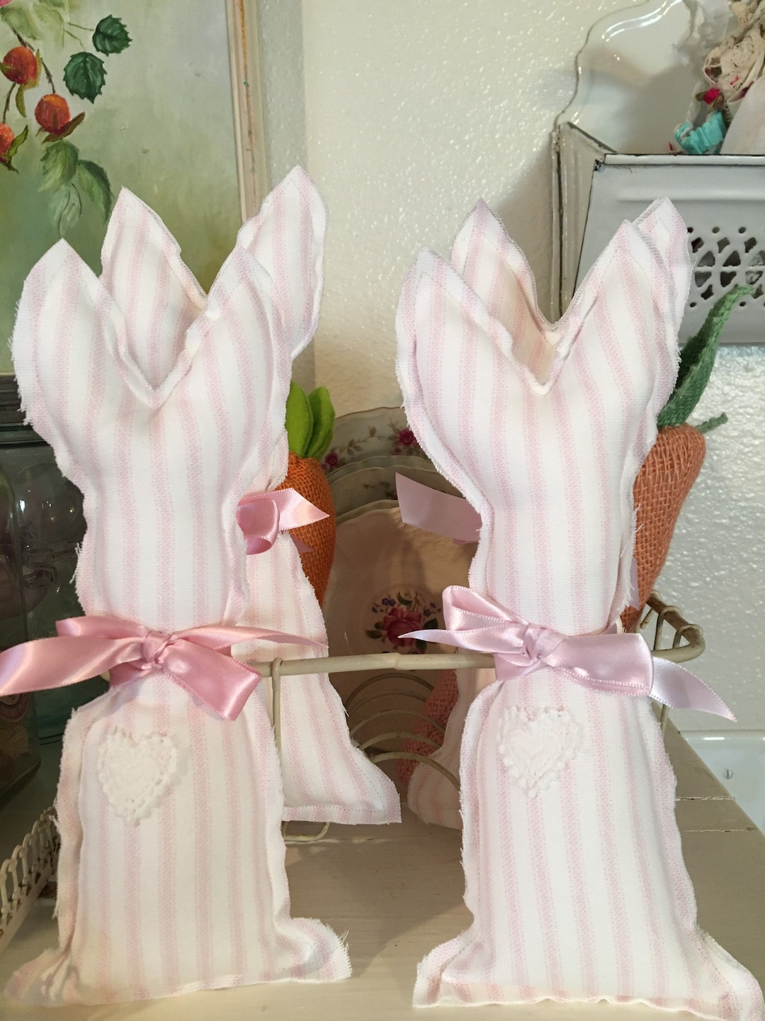 Pink Stripe Ticking Bunny/ Shabby Chic Pink Easter Bunny/fabric Easter ...