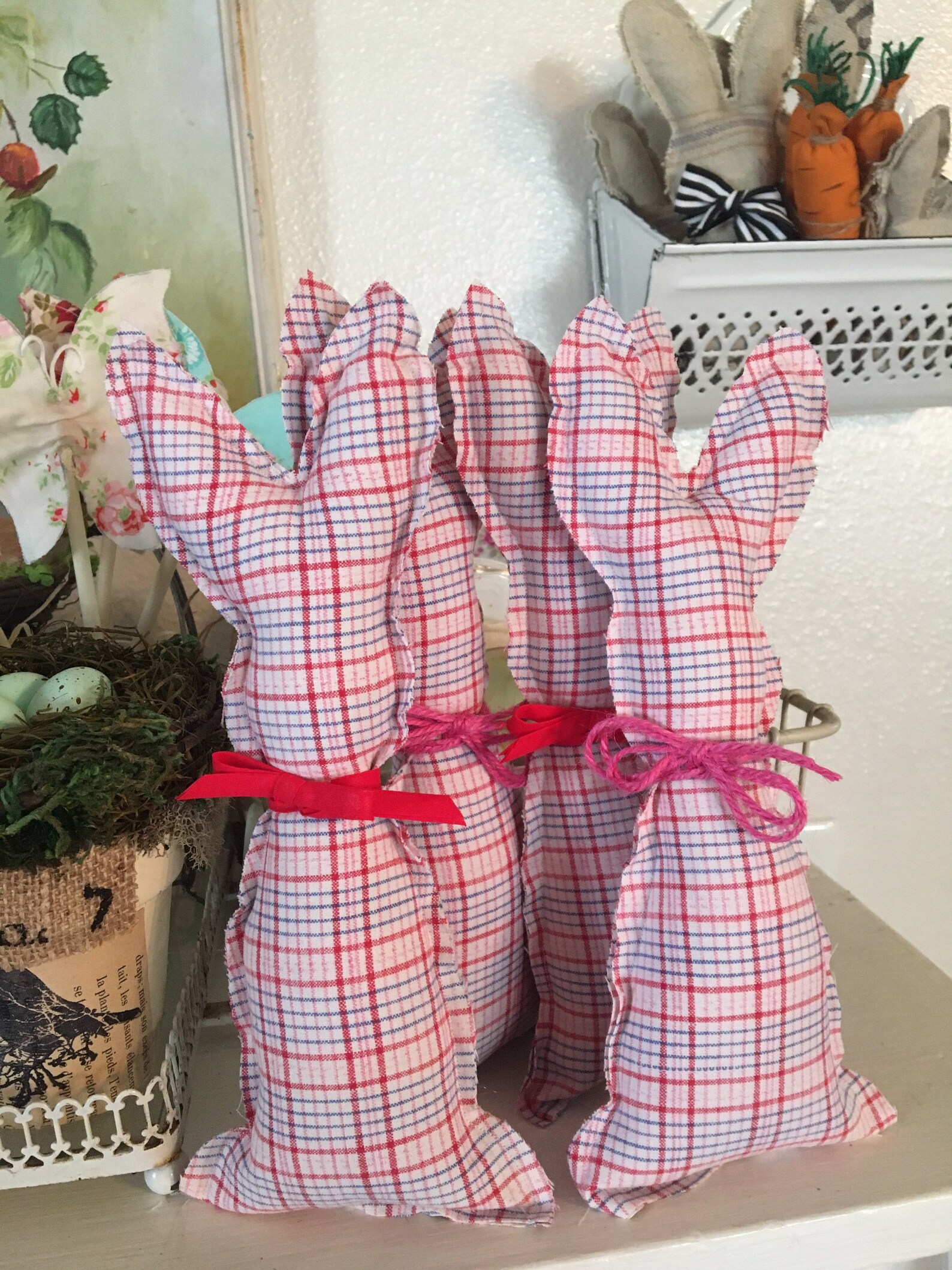 One plaid cotton bunny/ fabric bunnies/ red and white rabbit | Etsy