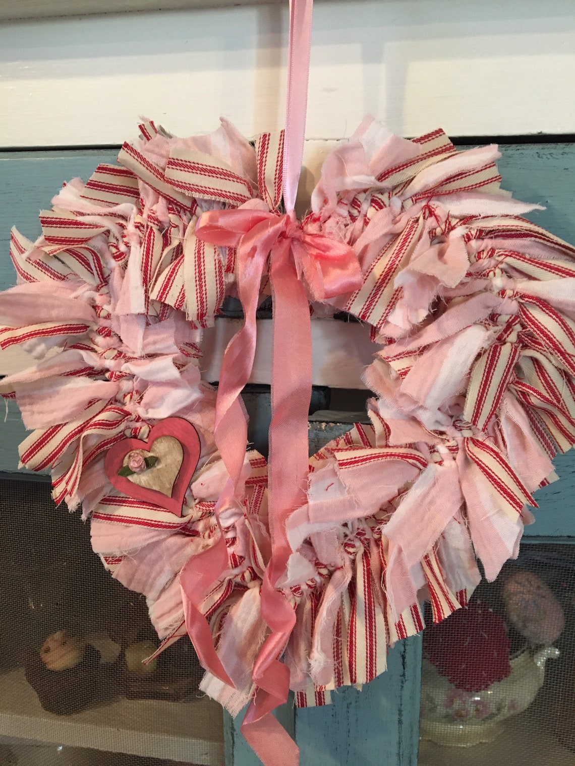 Tattered Red Stripe Ticking Fabric Heart Wreath/ Heart Wreath/ - Etsy