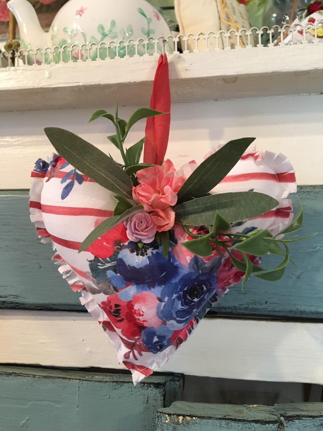 Blue Flower Striped Heart/ Garden Flower Heart Decor - Etsy