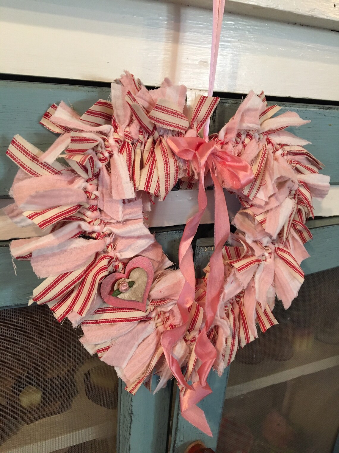 Tattered Red Stripe Ticking Fabric Heart Wreath/ Heart Wreath/ - Etsy