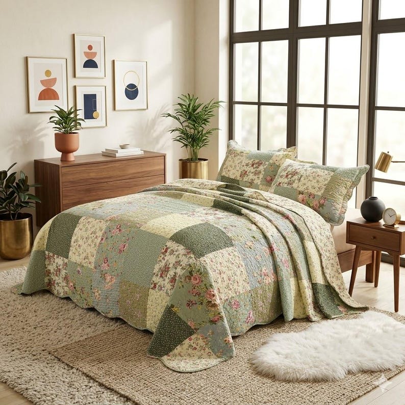Boho Patchwork Quilt Set Queen Floral Cotton Reversible Lightweight ...