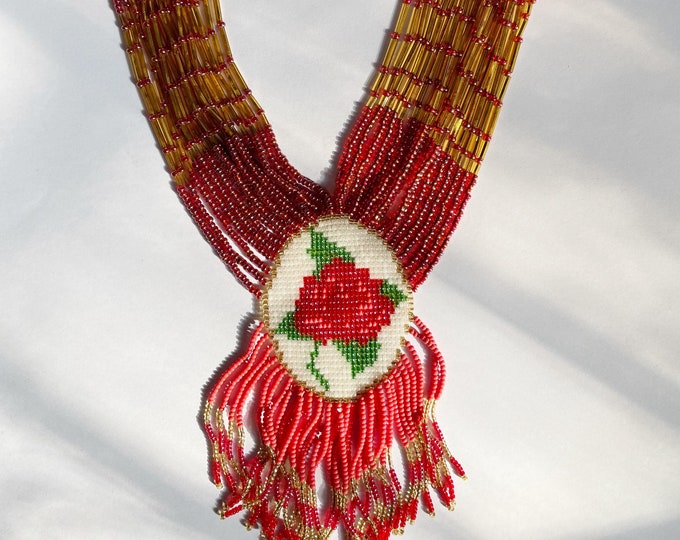 Vintage Glass Seed Bead Rose Tassel Necklace - Etsy