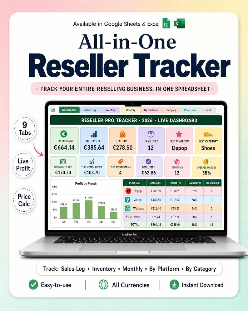 Reseller Spreadsheet Tracker | Google Sheets, Excel, Vinted, Depop ...