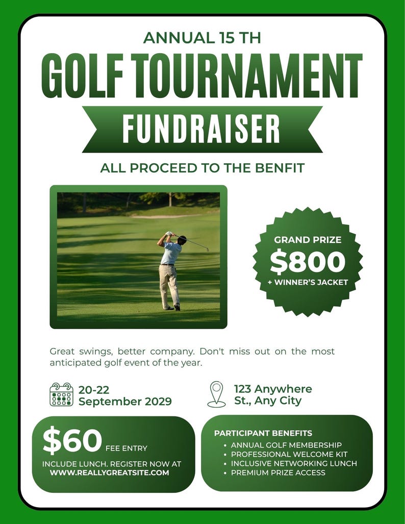 Golf Tournament Fundraiser Flyer Canva Template | Charity Golf Event ...