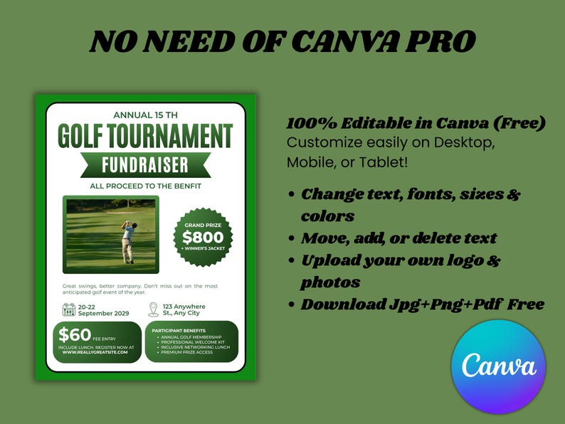 Golf Tournament Fundraiser Flyer Canva Template | Charity Golf Event ...