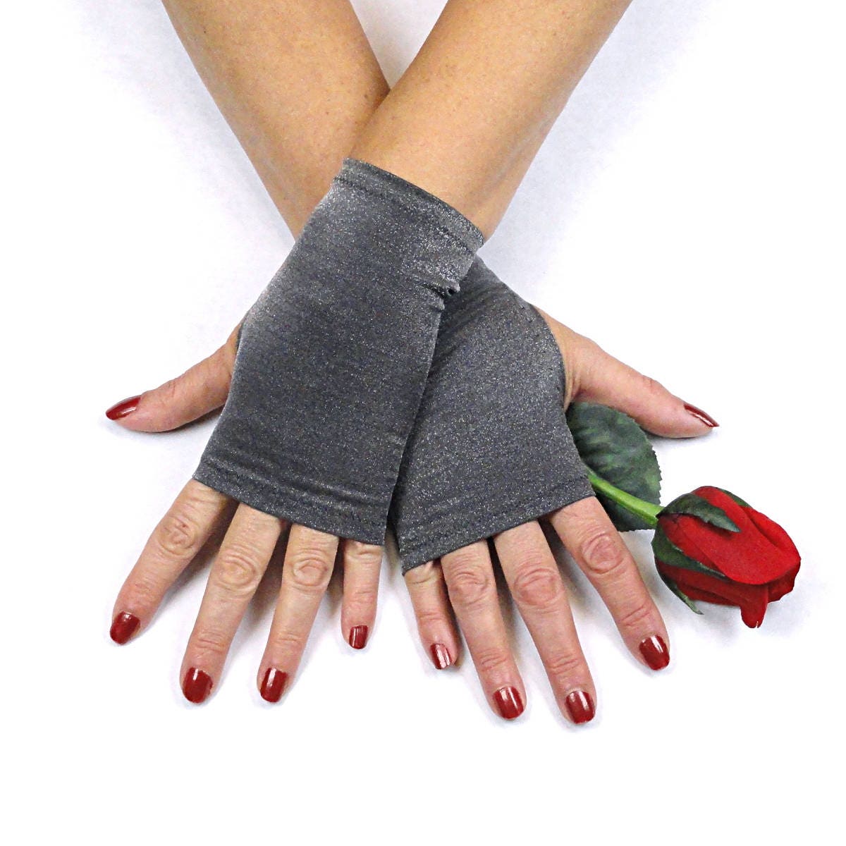 Silver Fingerless Gloves - Short Metallic Silver Gloves - Silver ...